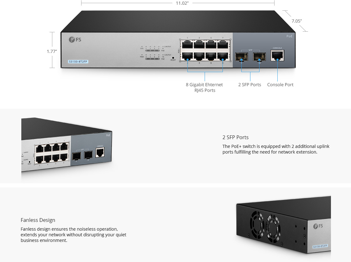 S3150-8T2FP 8ポート ファンレス ギガビット PoE+マネージドスイッチ（2×SFP、150W） - FS 日本